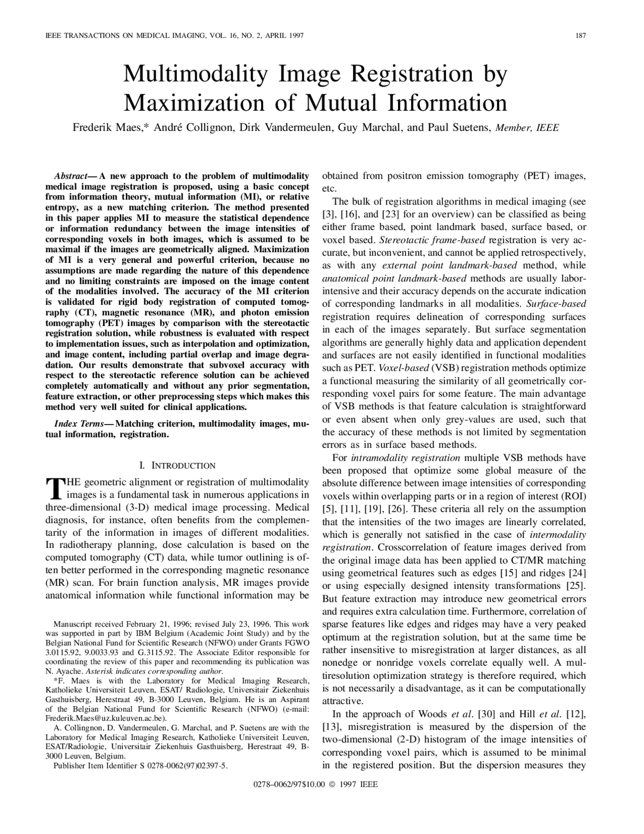 Multi Modality Image Registration Of Mutual Information Cs T101 Docsity