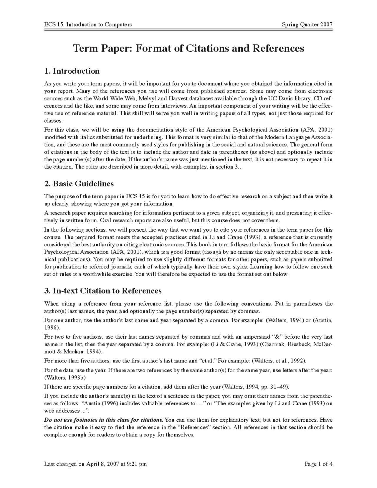 Format of Citations and References - Spring 2001 | ECS 015 - Docsity