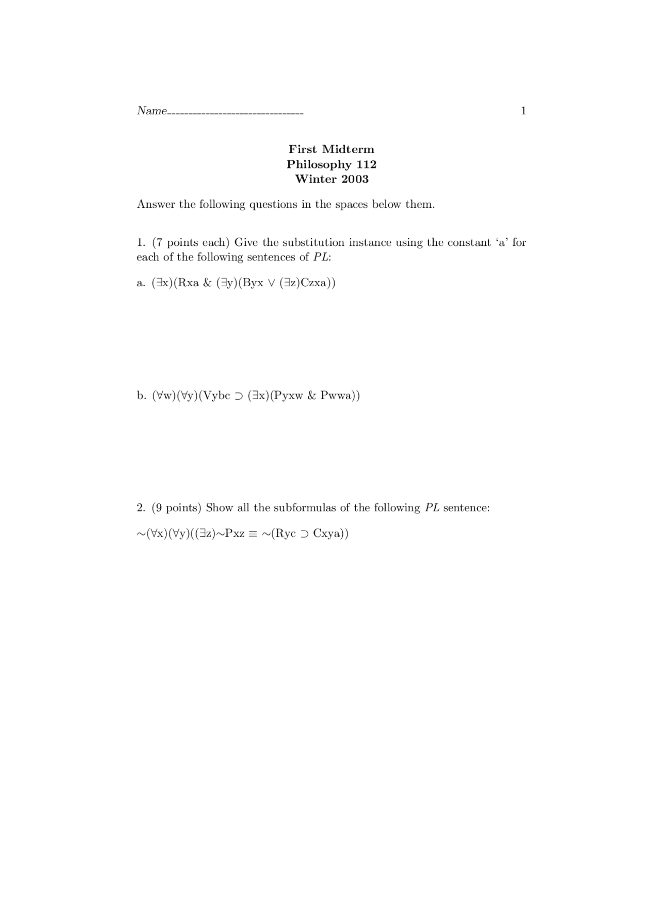 Midterm Exam For Intermediate Symbolic Logic Phi 112 Docsity