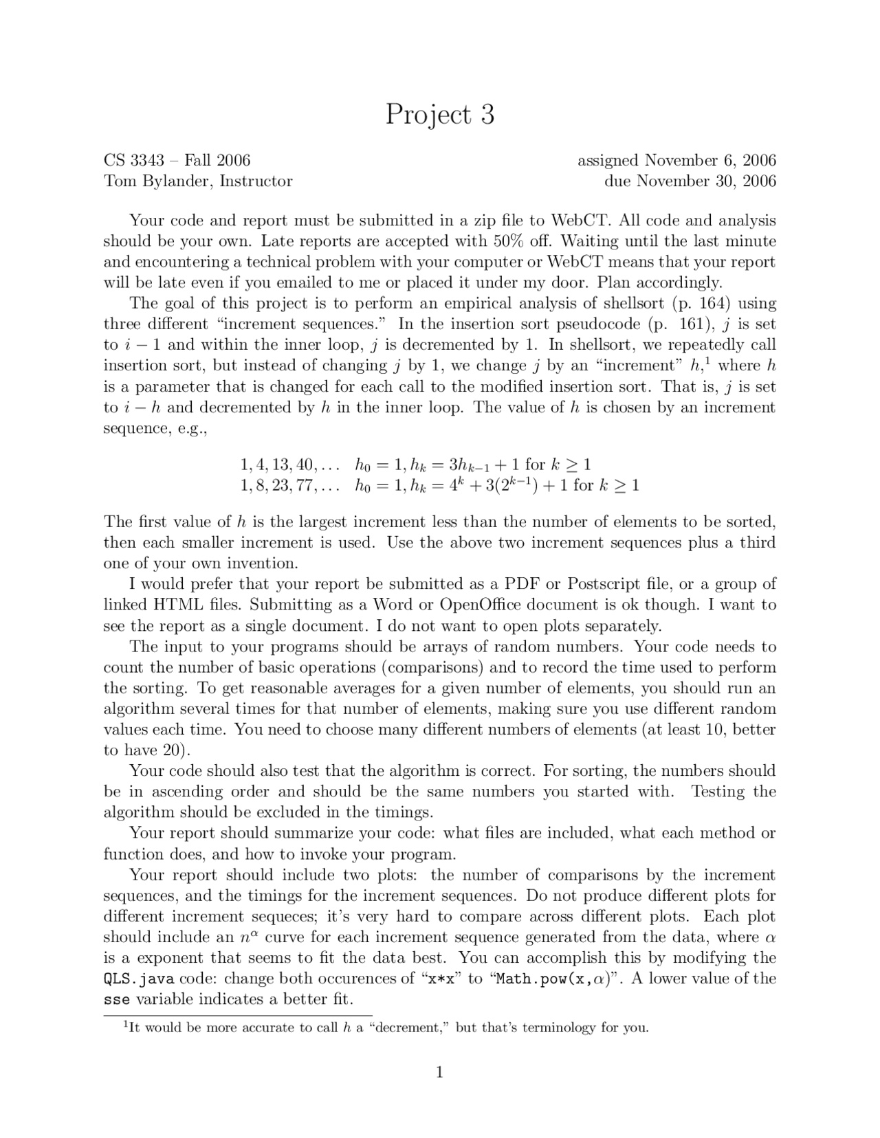 WebCT - Project 3 | Analysis of Algorithms | CS 3343 - Docsity