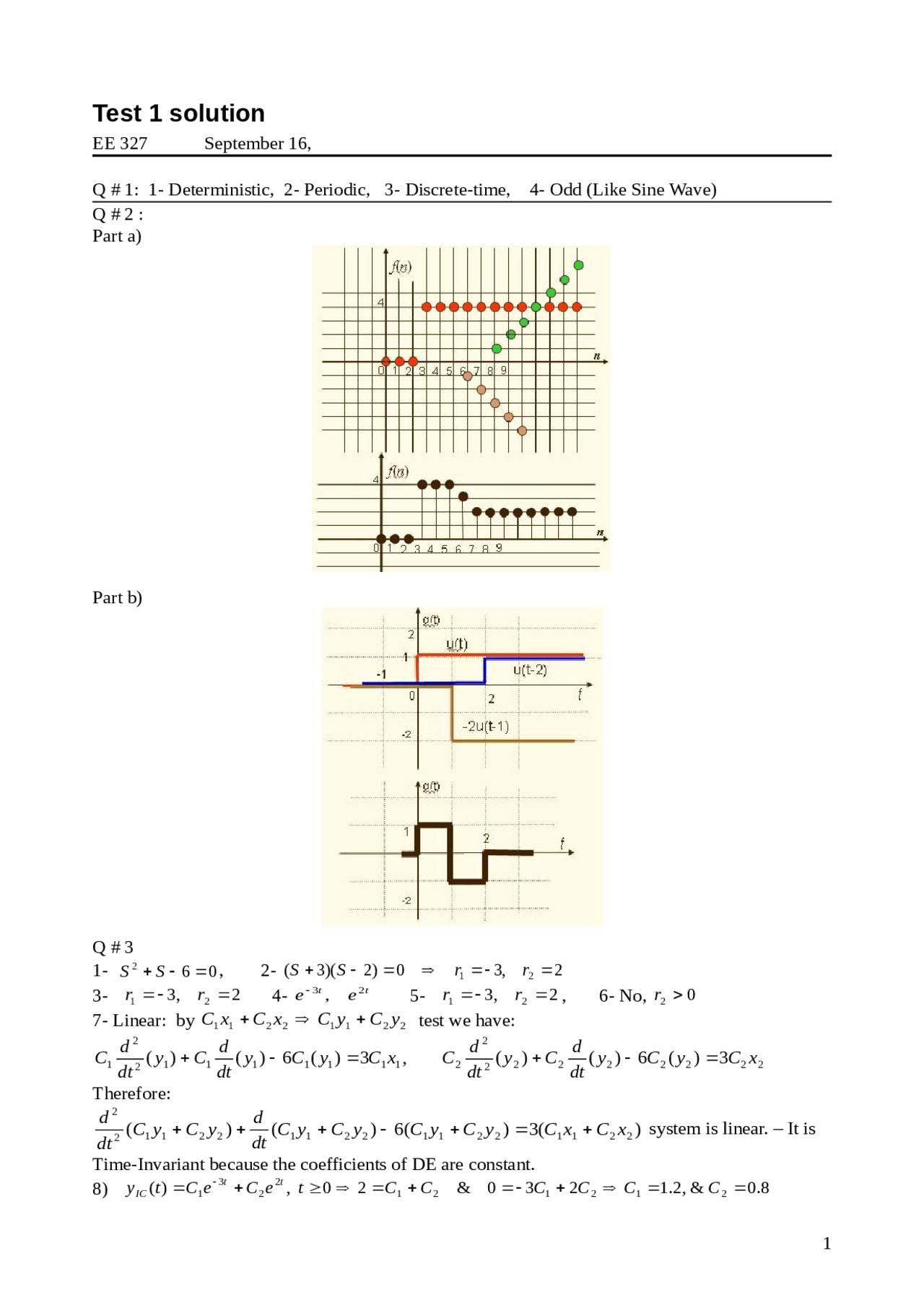 Test 1 Questions With Solutions Signals And Systems 1 Ee 327