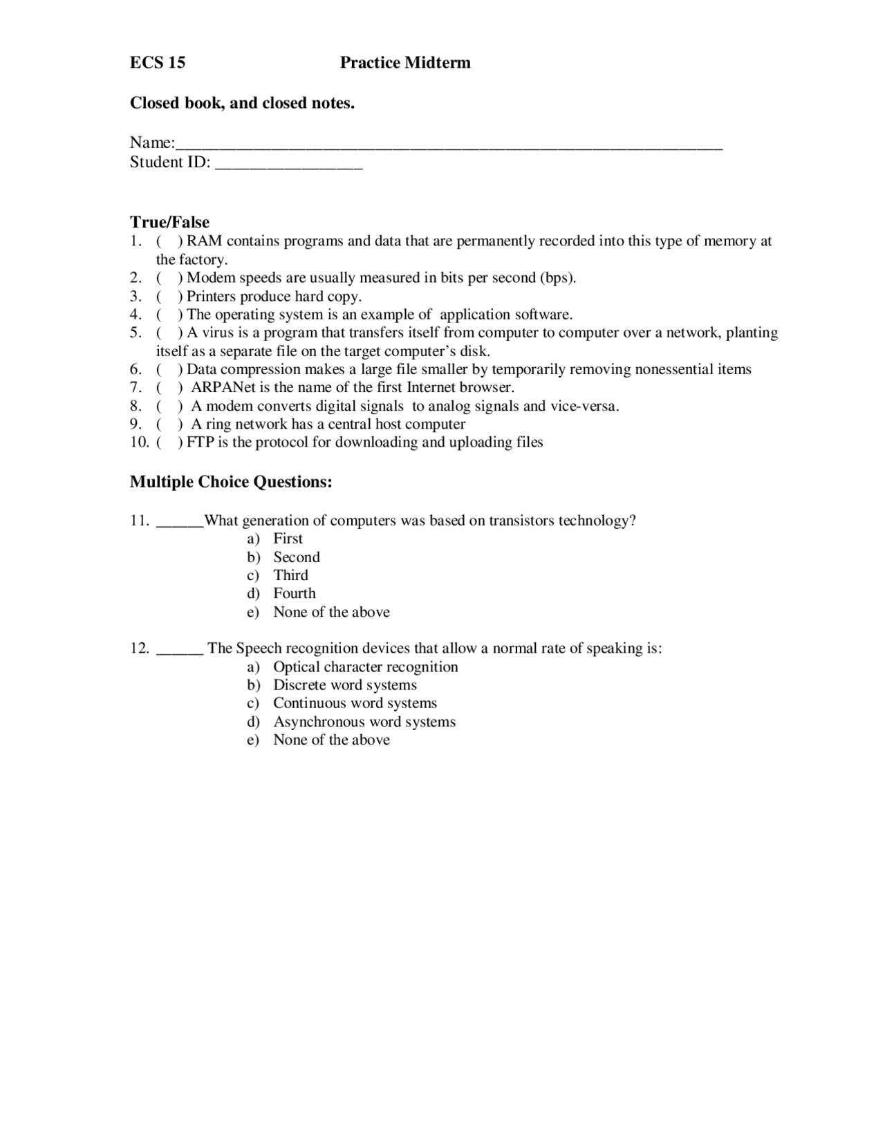 Practice Midterm Exam For Introduction To Computers Ecs 015 Docsity