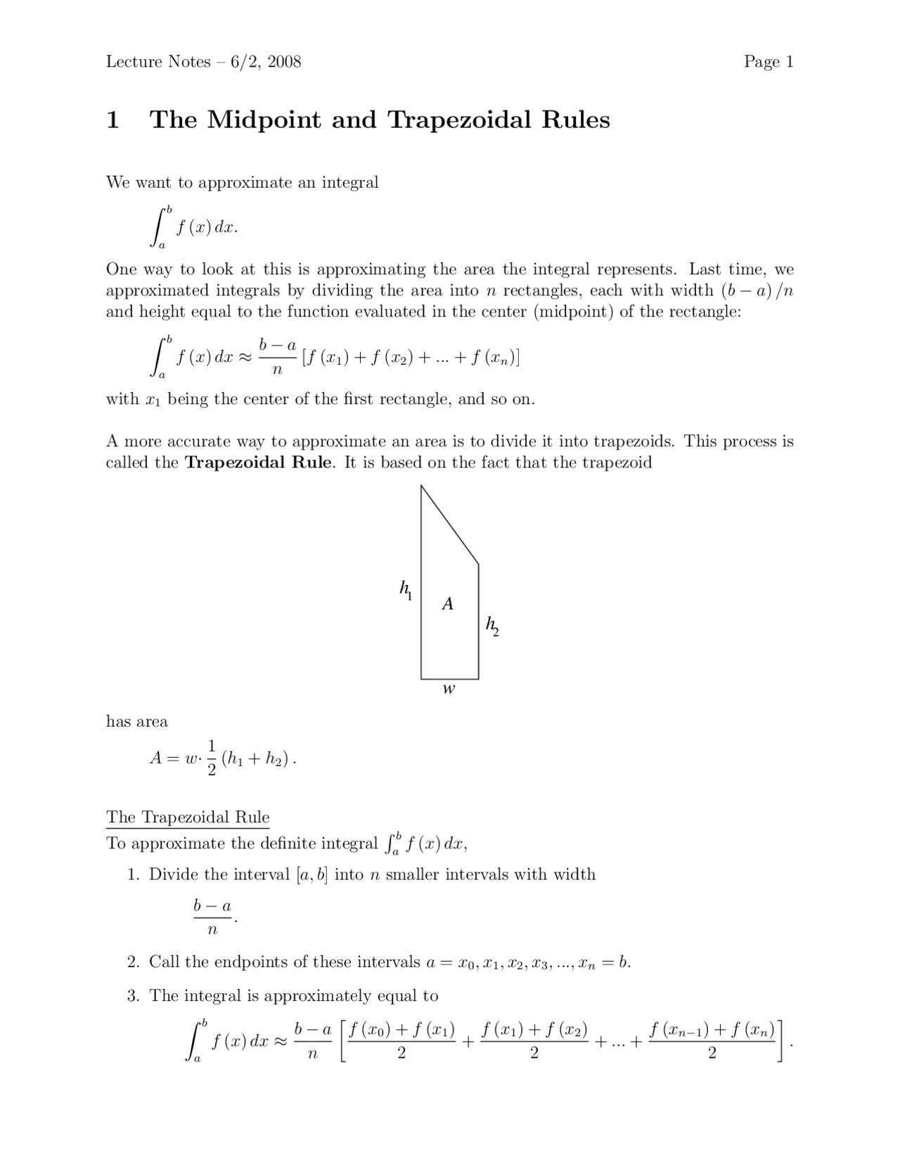 Lecture Notes on The Midpoints and Trapezoidal Rule - Fall 2008 | MAT ...