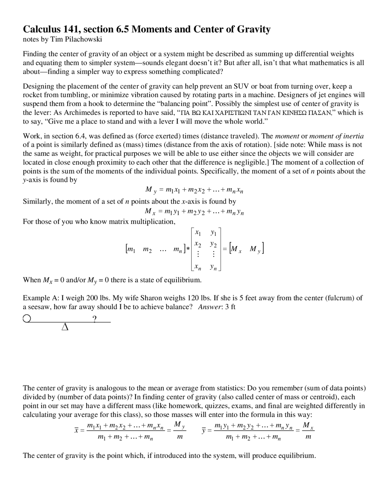 Moment And Center Of Gravity Lecture Notes Math 141 Docsity