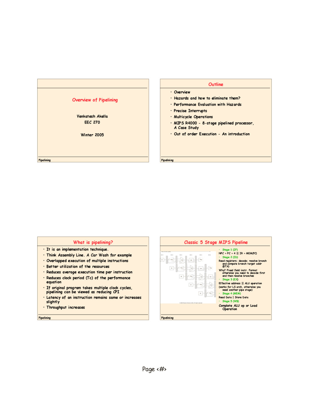 Overview of Pipelining Outline - Computer Architecture | EEC 270 - Docsity