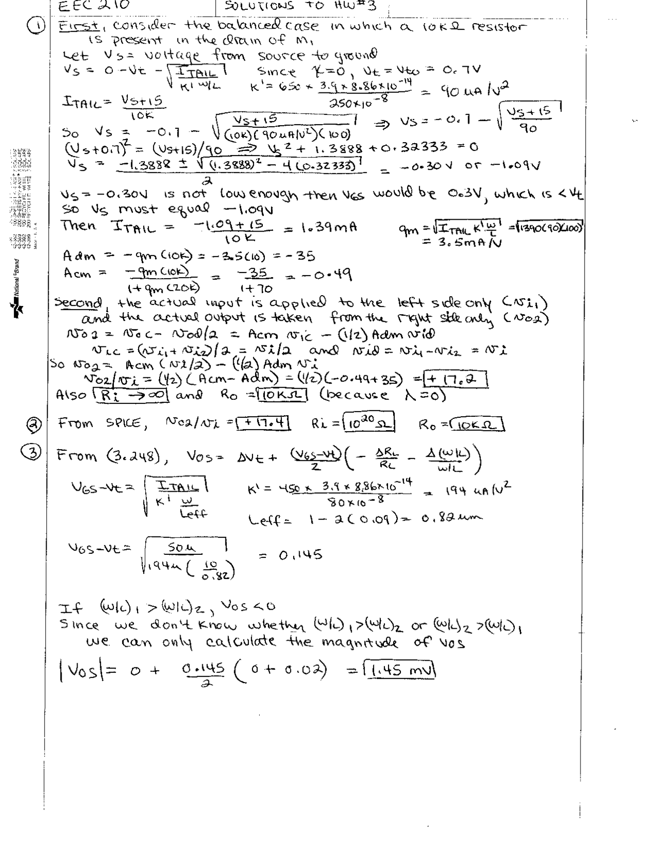 Solutions To Homework 3 Mos Analog Circuit Design Eec 210 Docsity