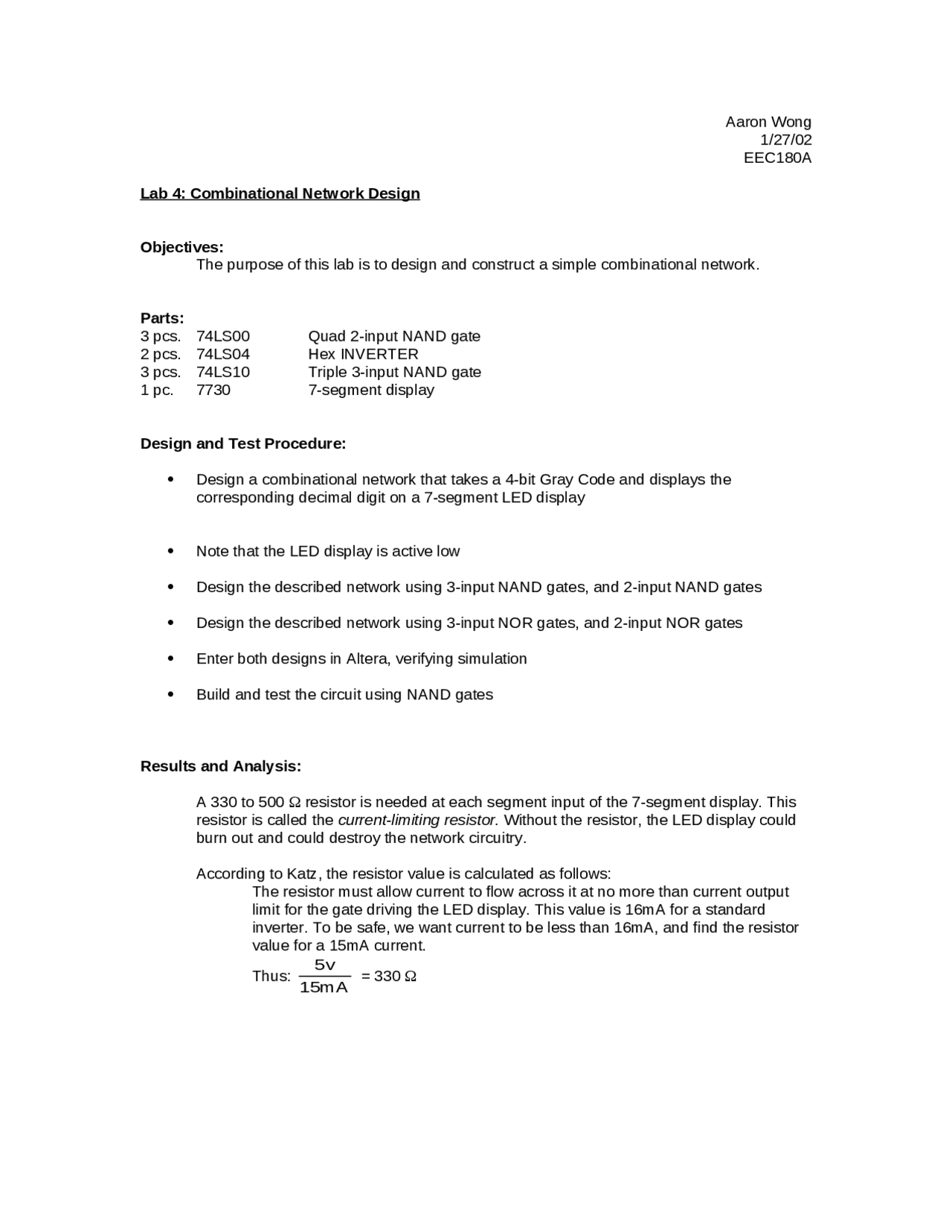 Lab 4 Combinational Network Design Eec 180a Docsity