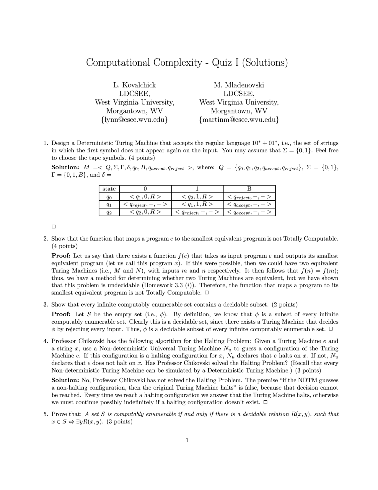 Computational Complexity Quiz 1 Solutions Cs 525 Docsity