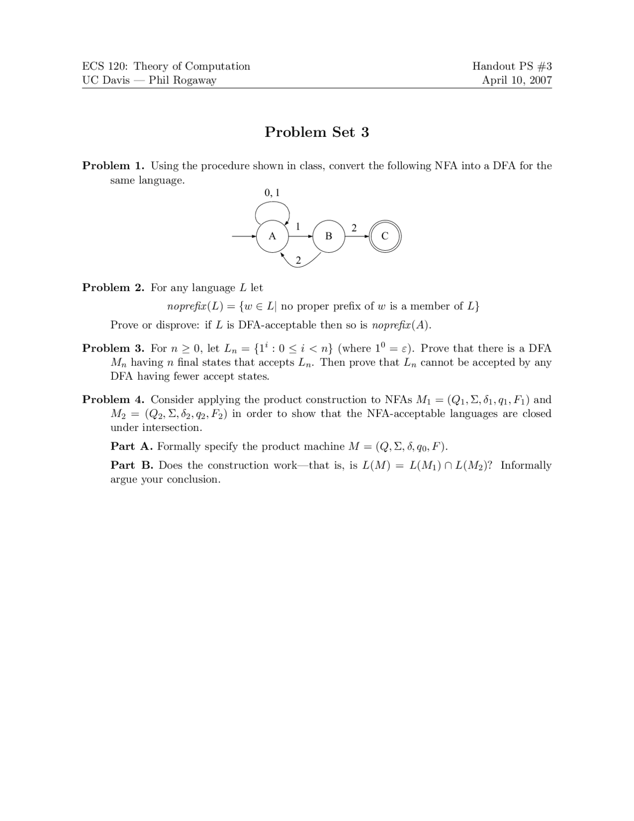 Problems Set 3 Introduction Theory Computation Ecs 120 Docsity