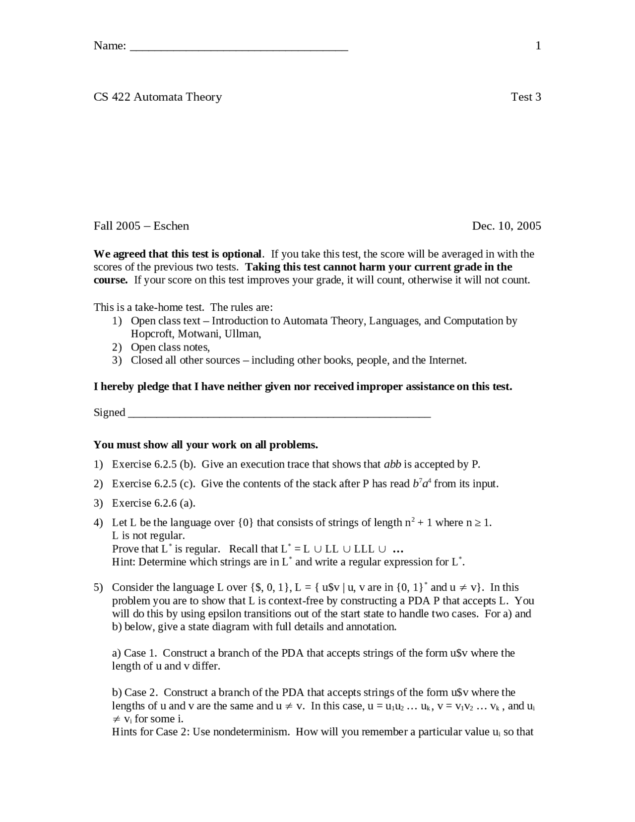 Automata Theory Final Exam Questions With Solutions Cs 422 Docsity