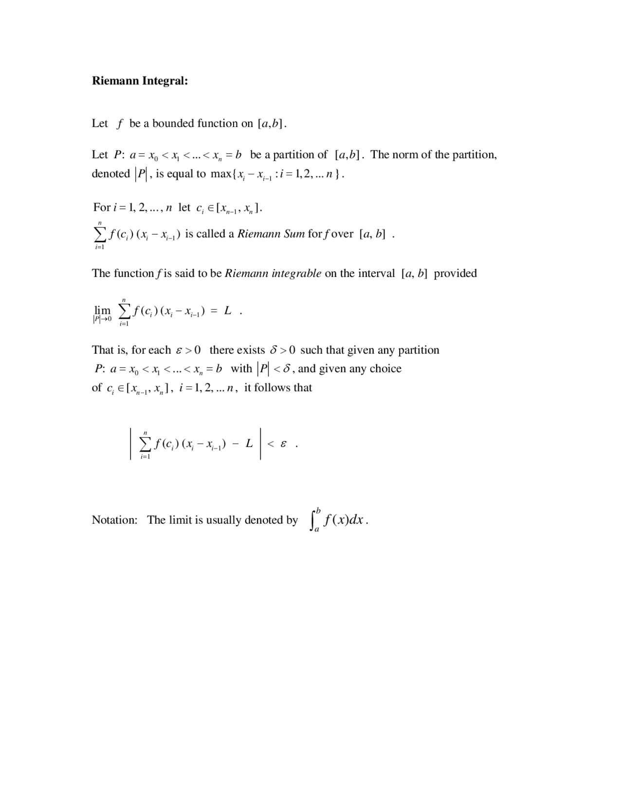 Riemann Integrals Functions and the Notation Limits | MATH 4200 - Docsity