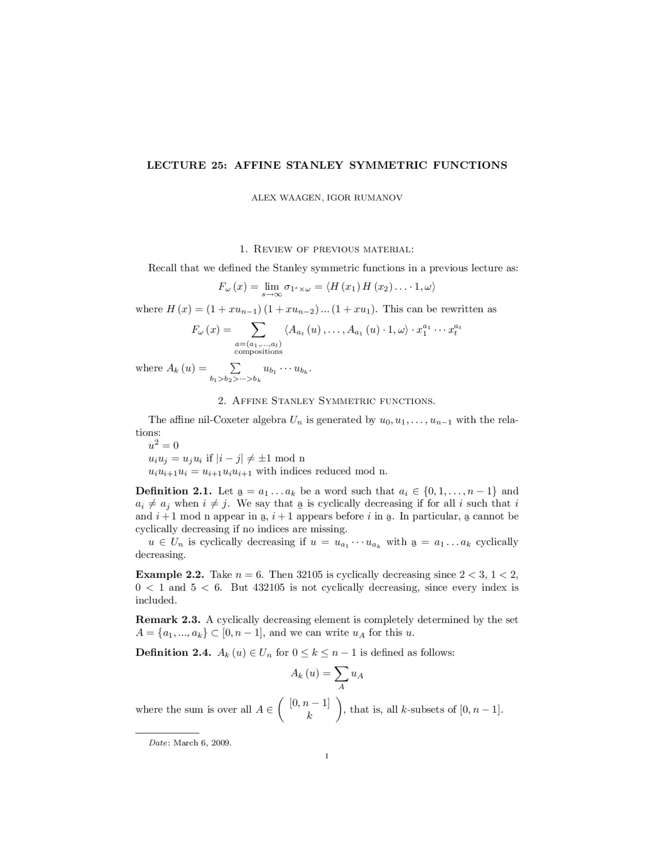 Affine Stanley Symmetric Functions: Definition and Properties | Study ...