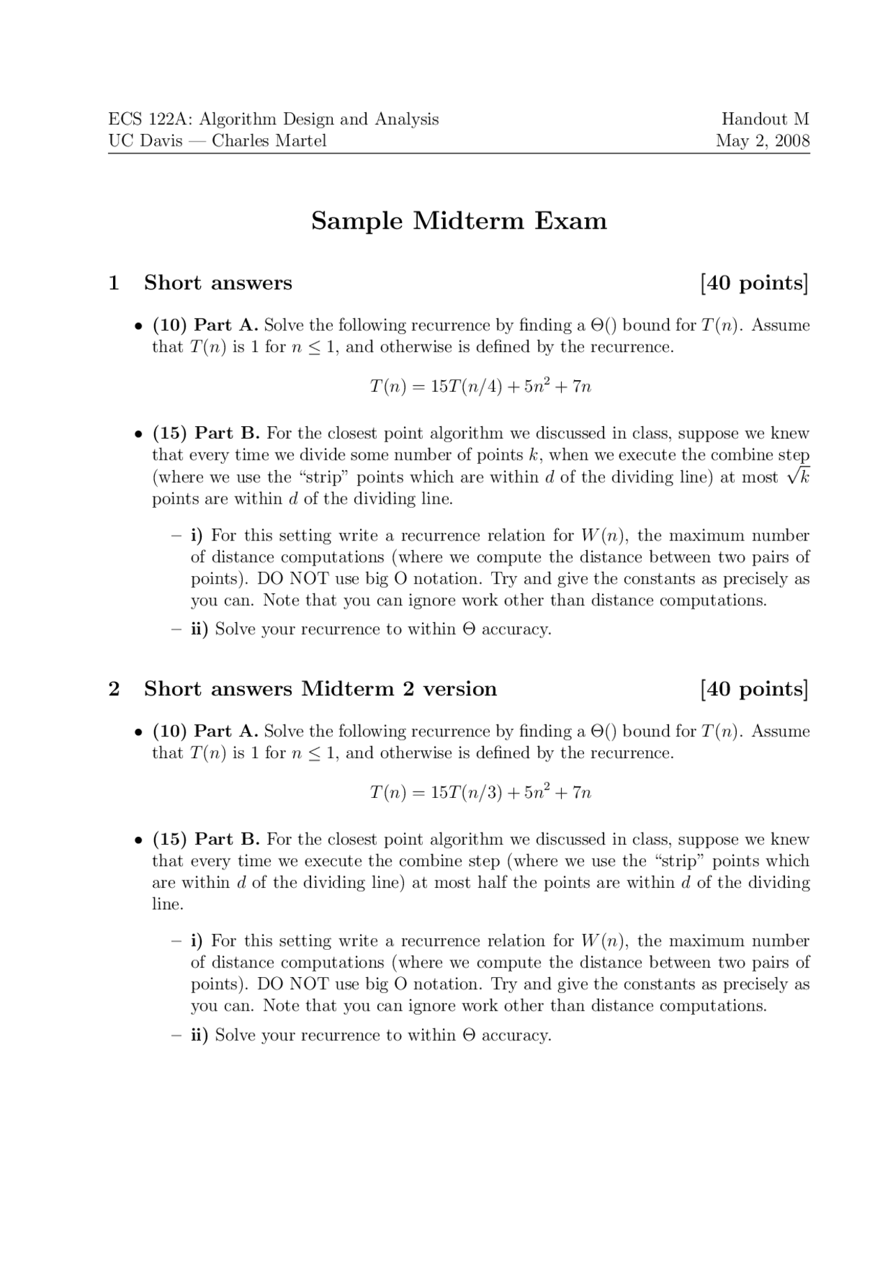 Sample Midterm Exam Algorithm Design And Analysis Ecs 122a Docsity 8201