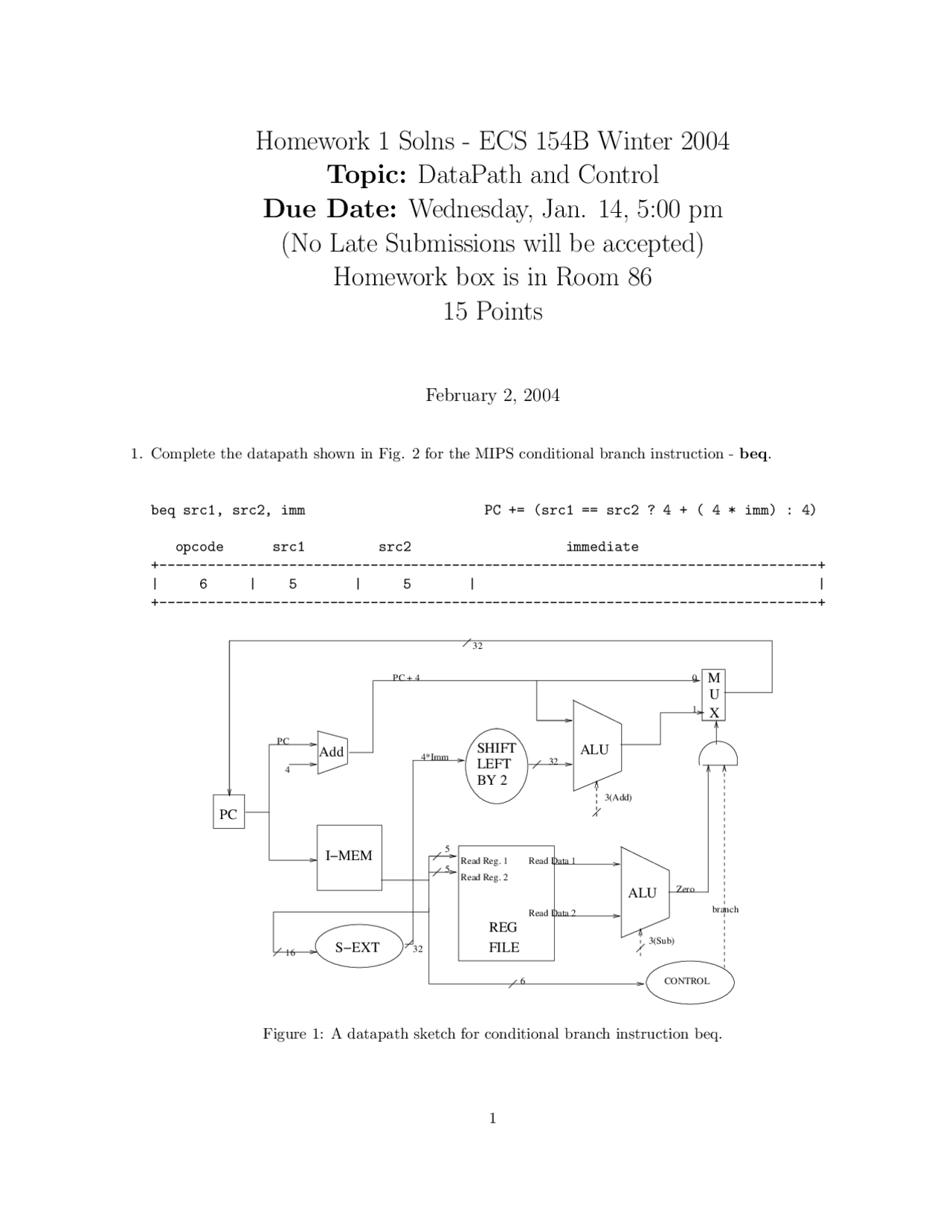 Data Path and Control - Homework 1 with Solutions | ECS 154B - Docsity