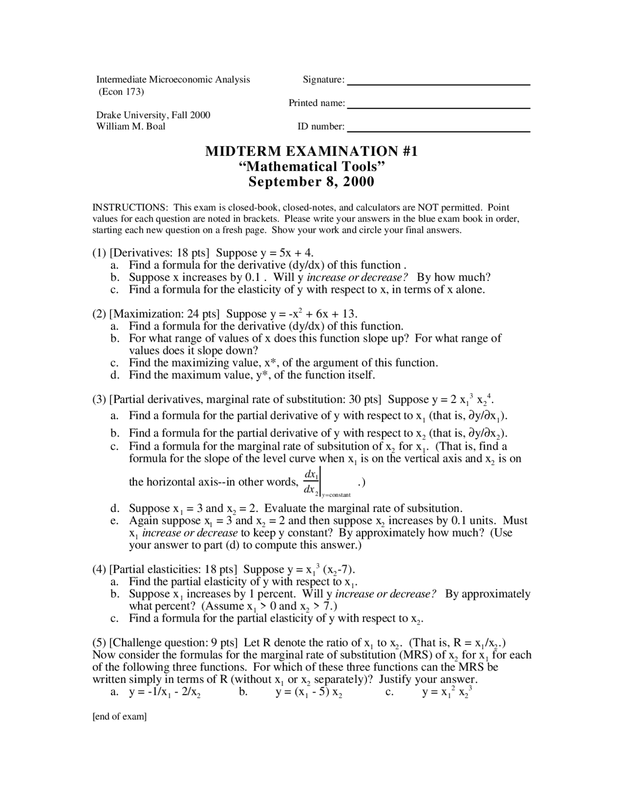 Intermediate Microeconomic Analysis Midterm Exam 1 - Mathematical Tools and Optimization ...