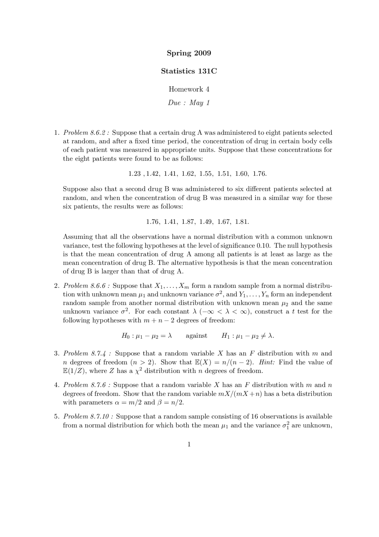 Assignment 4 For Mathematical Statistics Sta 131c Docsity