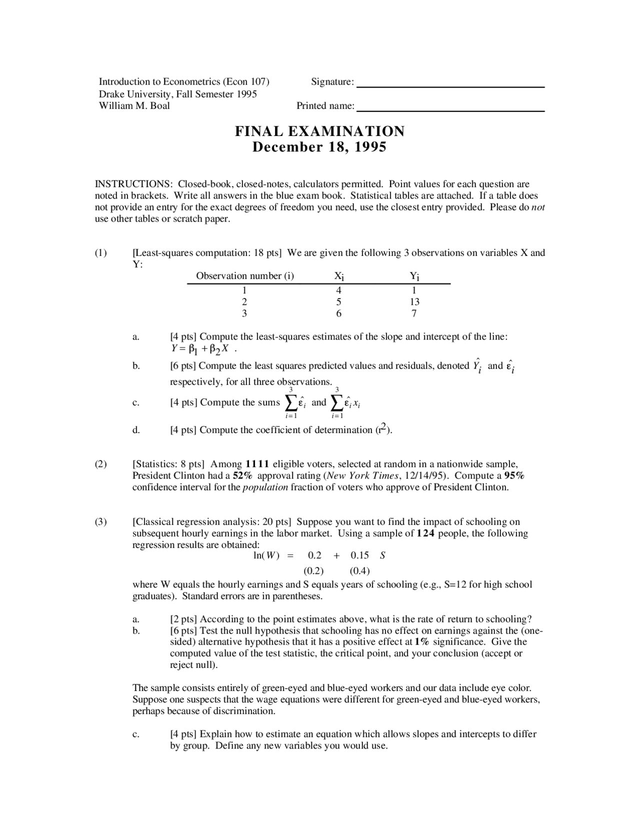 7 Solved Questions On Introduction To Econometrics Final Exam Econ