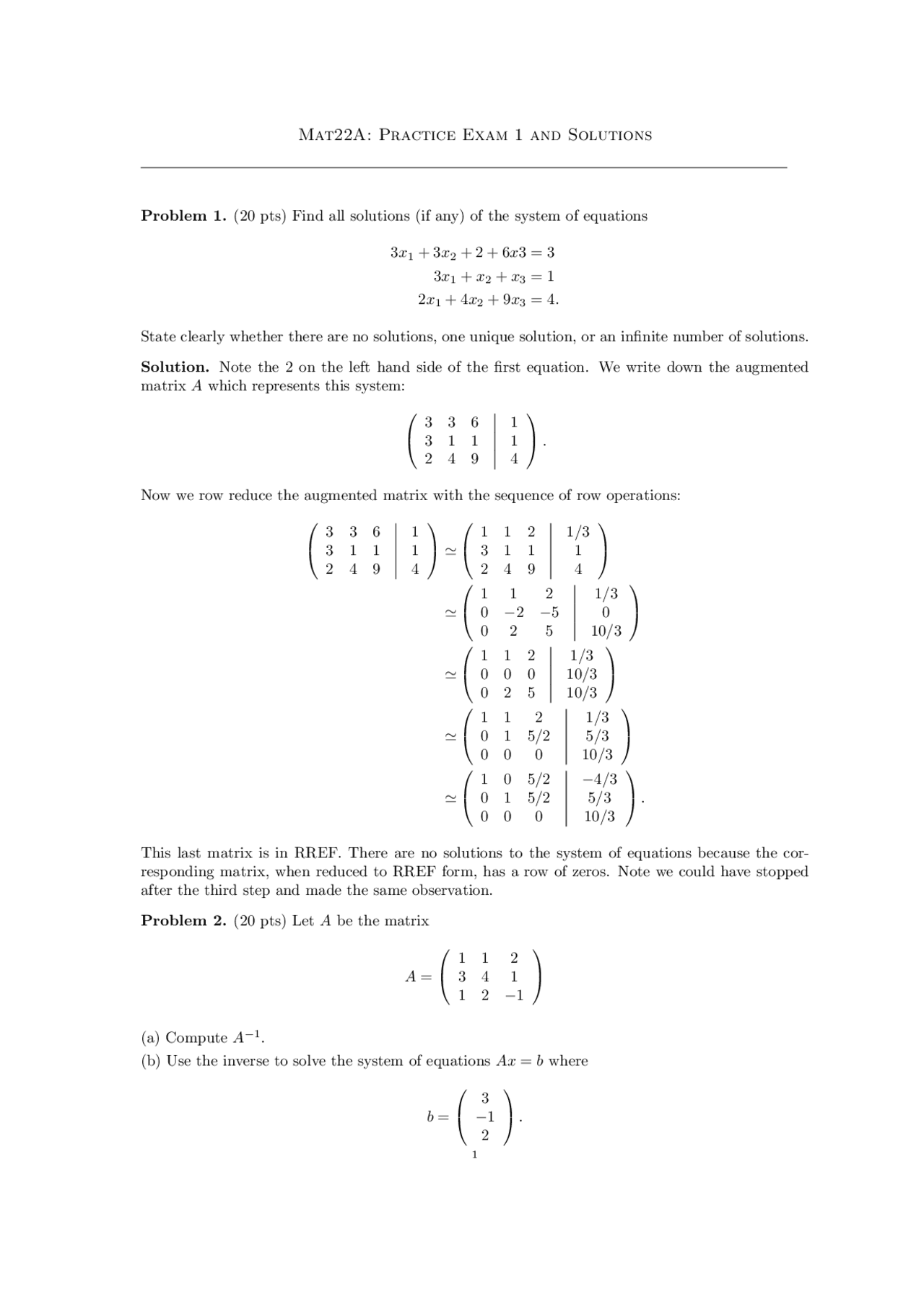 Practice Exam 1 and Solutions for Mat22A: Linear Algebra - Prof. James ...