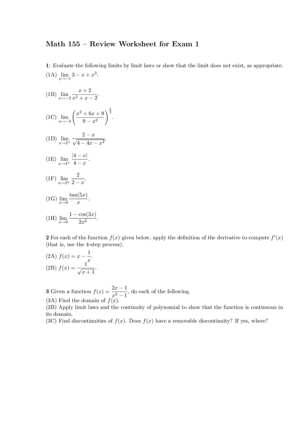 Review Worksheet for Exam 1 - Calculus 1 | MATH 155 | Exams Calculus ...