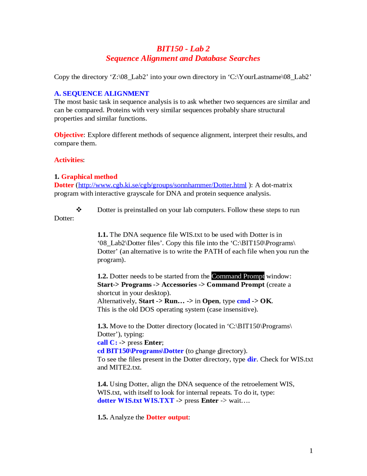 Sequence Alignment And Database Searches Lab 2 Bit 150 Docsity