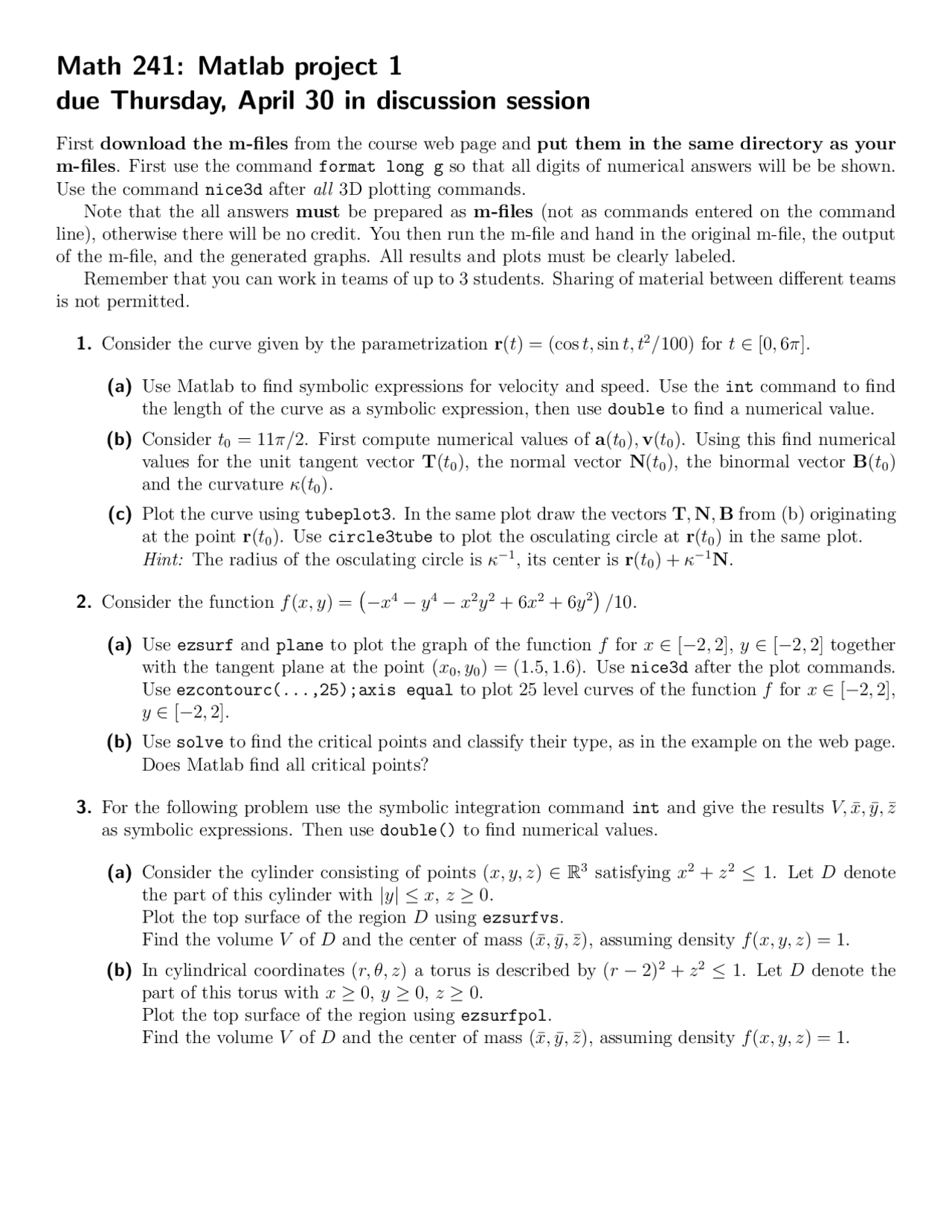 Calculus Iii Matlab Project 1 Math 241 Docsity