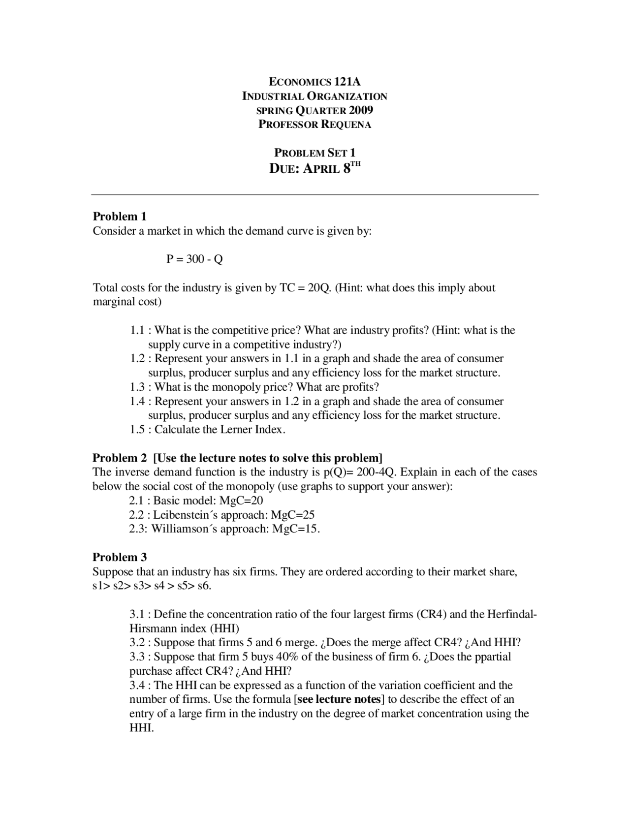 Industrial Organization Problem Set 1 Ecn 121a Docsity