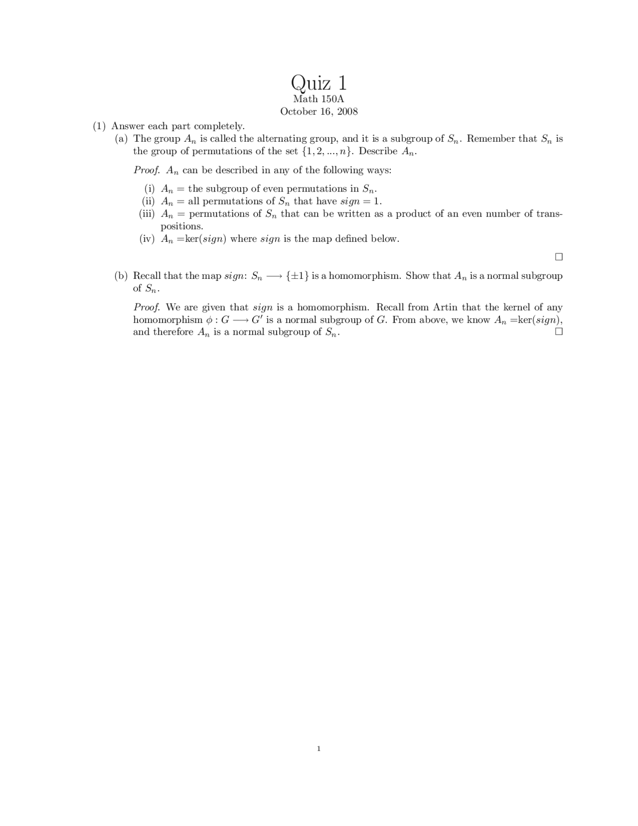 Quiz I Questions For Modern Algebra Mat 150a Docsity