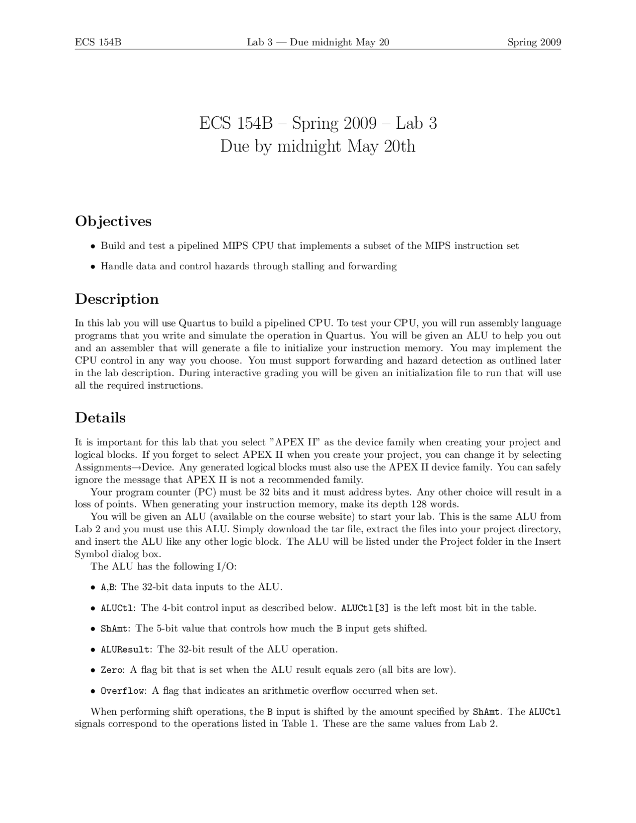 Computer Architecture - Lab 3 - Fall 2009 | ECS 154B - Docsity