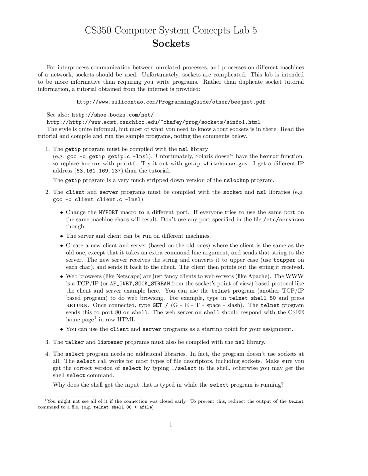 Lab 5: Sockets - Computer System Concepts | CS 350 - Docsity