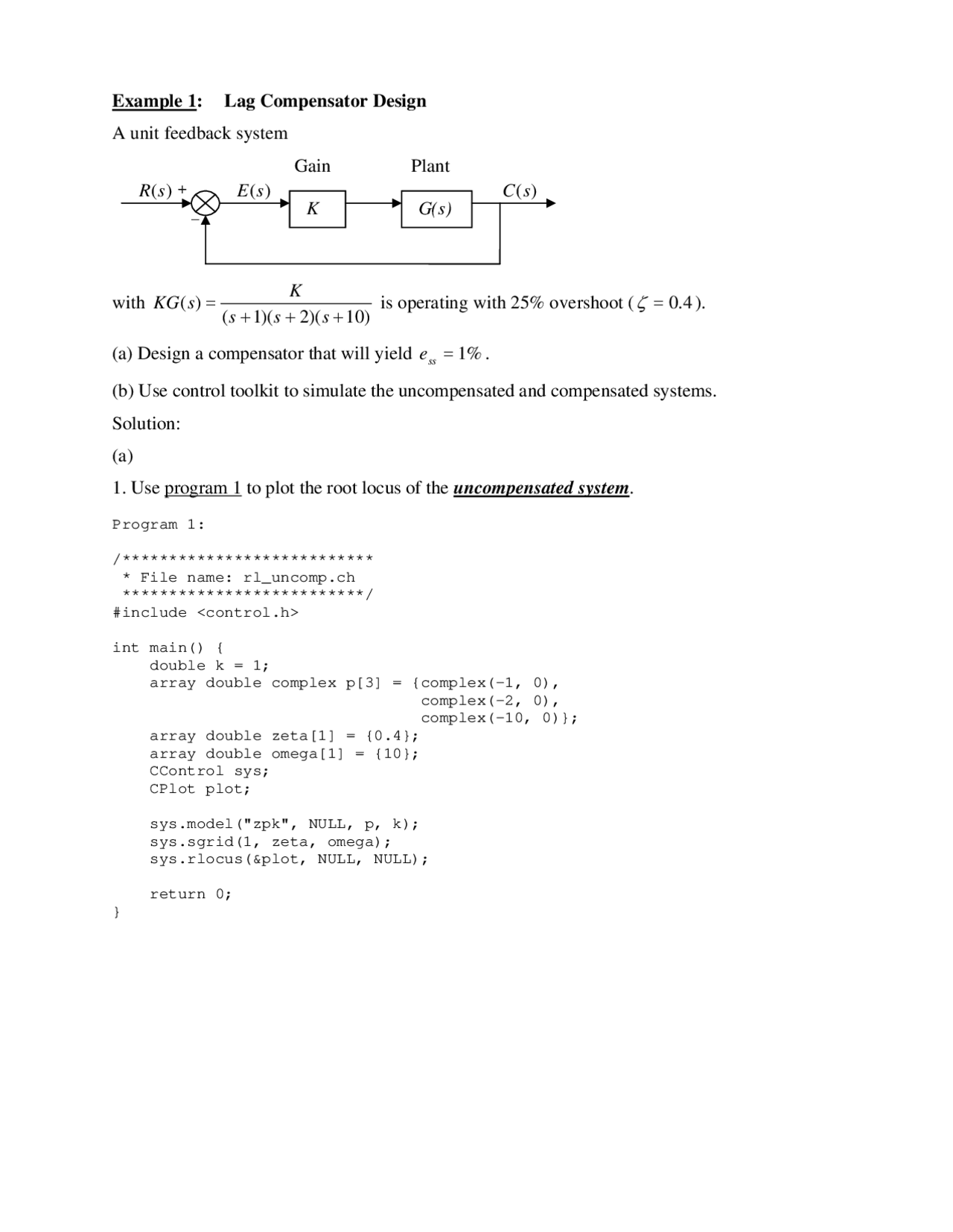 Lag Compensator Design | Automatic Control of Engineering Systems | EME 172 - Docsity