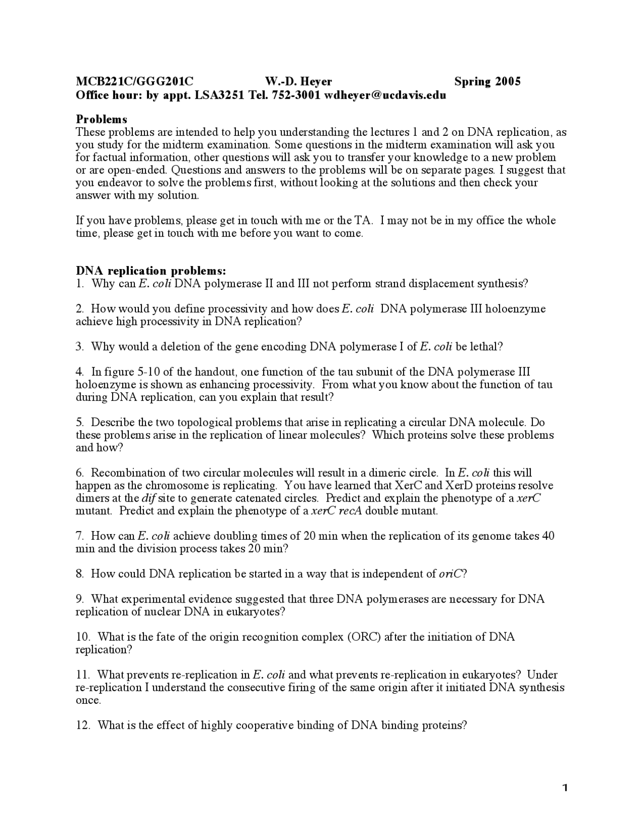Problems With Solutions Molecular Biology Spring 2005 Mcb 221c