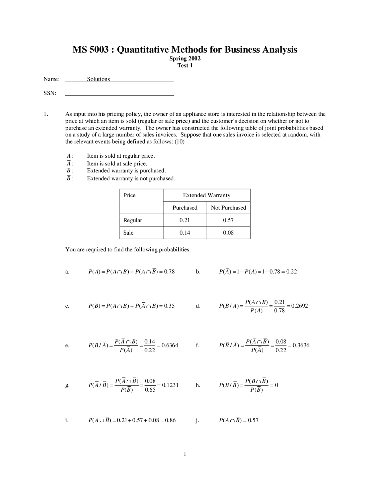 Past Test 1 With Solutions Quantitative Methods For Business Analysis