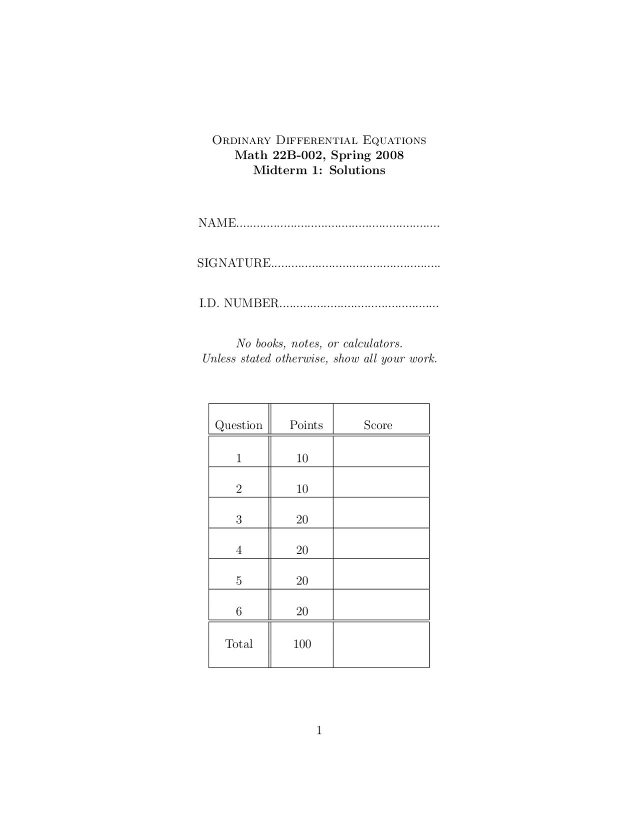 Midterm 1 Questions With Solutions On Ordinary Differential Equations