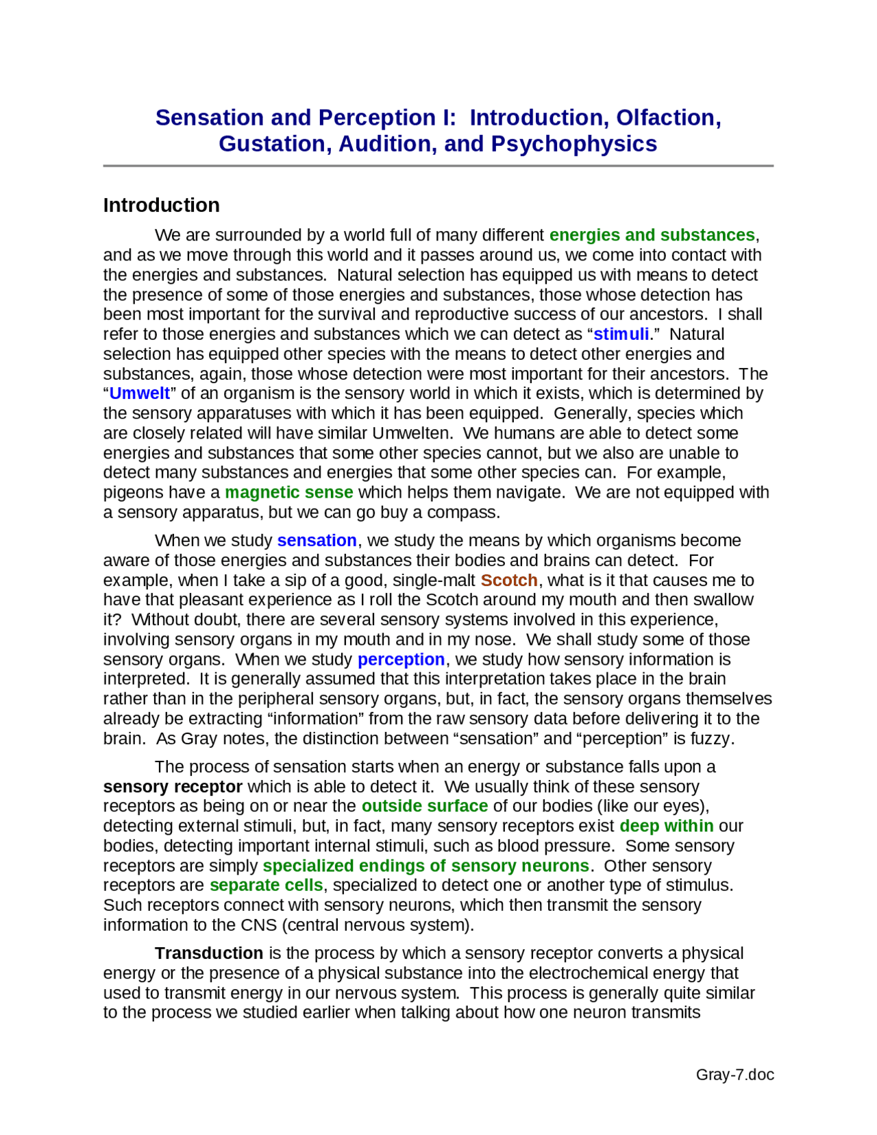 Sensation And Perception I And Introduction Olfaction Gustation Auditionpsychophysics Psyc