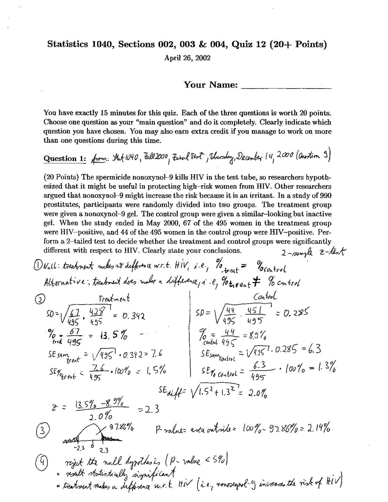 Practice Quiz 12 Solutions Introduction To Statistics Stat 1040 Quizzes Statistics Docsity