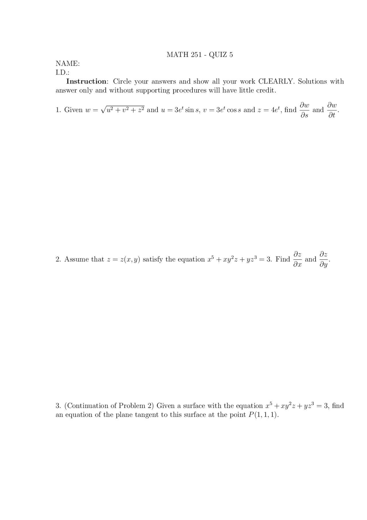 3 Problems on Multivariable Calculus - Quiz 5 | MATH 251 - Docsity
