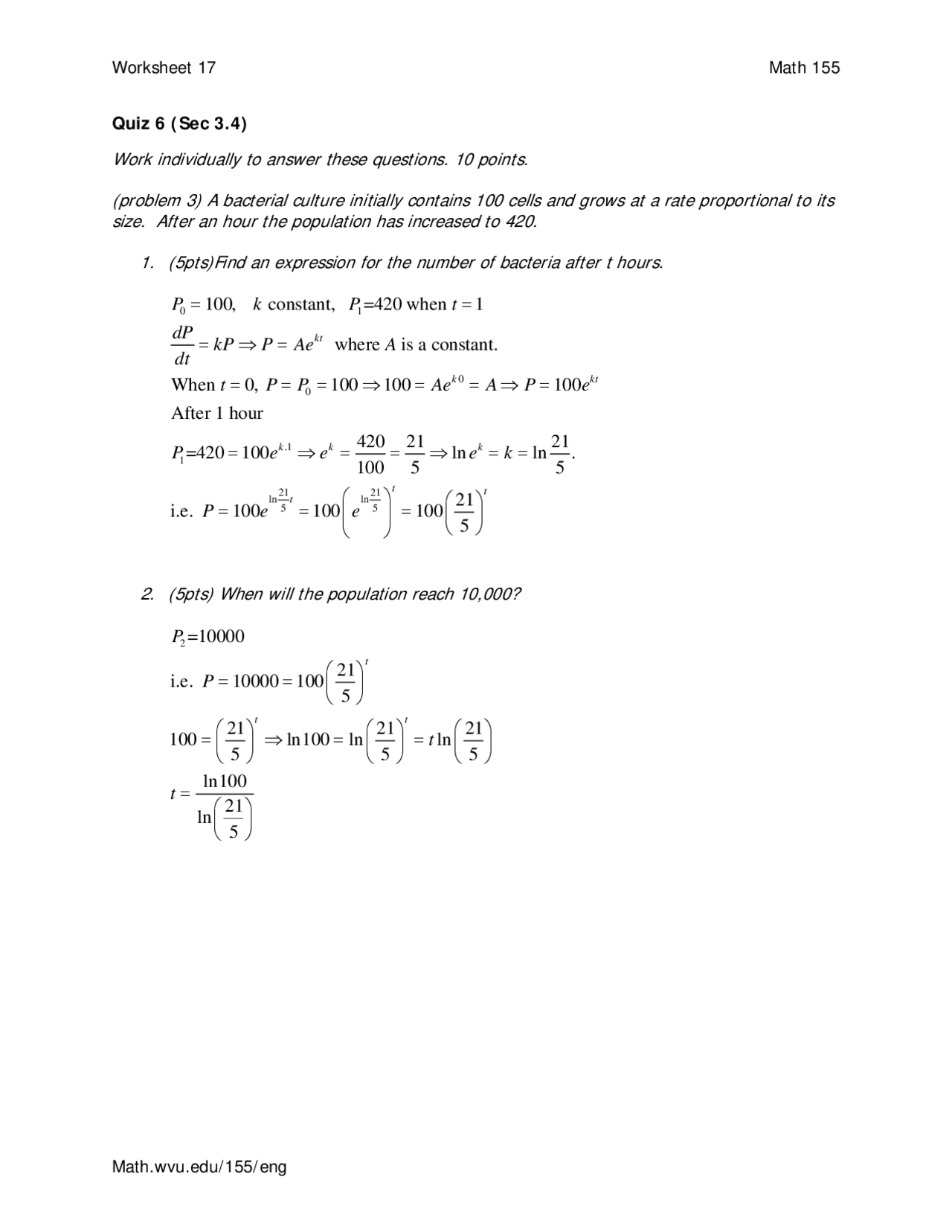 Quiz 6 With Worksheet Calculus 1 Math 155 Docsity