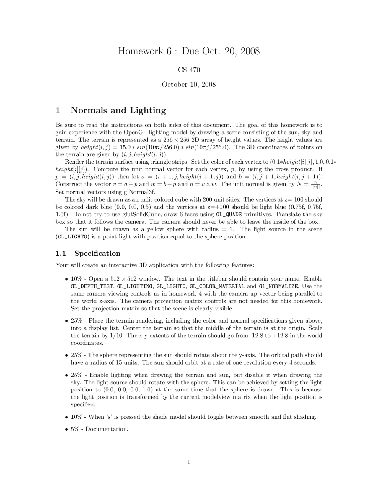 Specifications of Normal and Lighting - Assignment 6 | CS 470 - Docsity