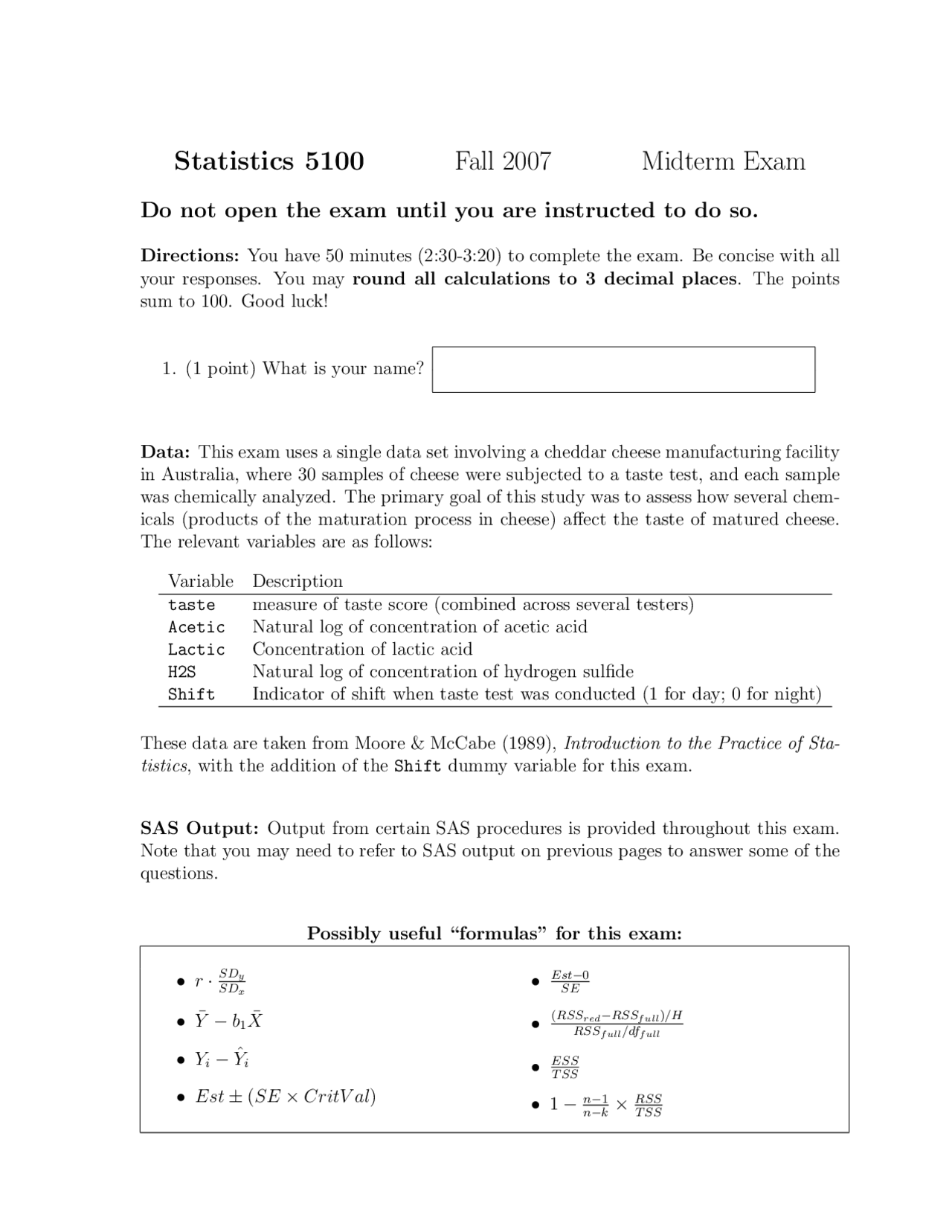 Statistics 5100 Midterm Exam: Regression Analysis and Model Selection - Prof. John R. Stev ...