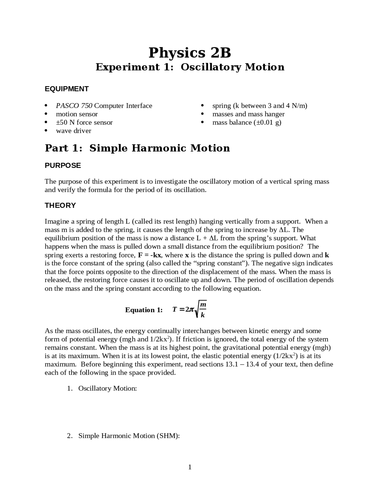 Experiment 1 Oscillatory Motion Phys 0002b Docsity