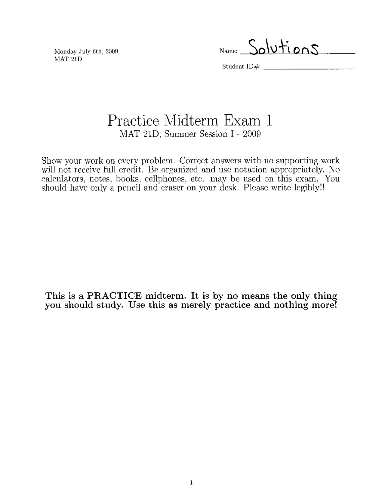 Solved Exam 1 - Vector Analysis - Fall 2009 | MAT 021D | Exams Vector ...