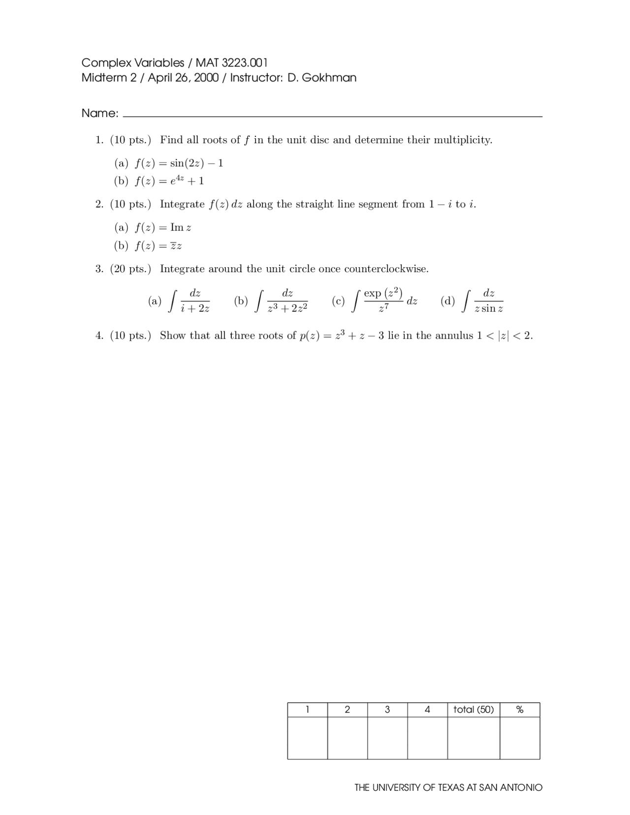 4 Questions Midterm Exam 2 Complex Variables Mat 3223 Docsity