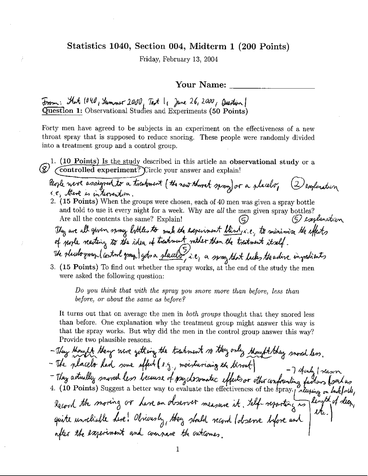 Midterm Exam With Answers On Introduction To Statistics Spring 2004 Stat 1040 Exams
