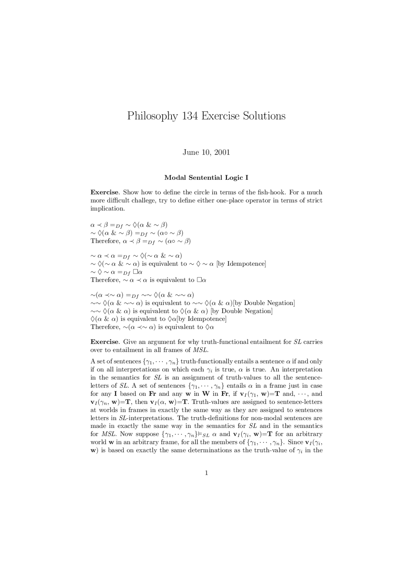 Solutions For Exercise Modal Logic Fall 2001 Phi 134 Docsity