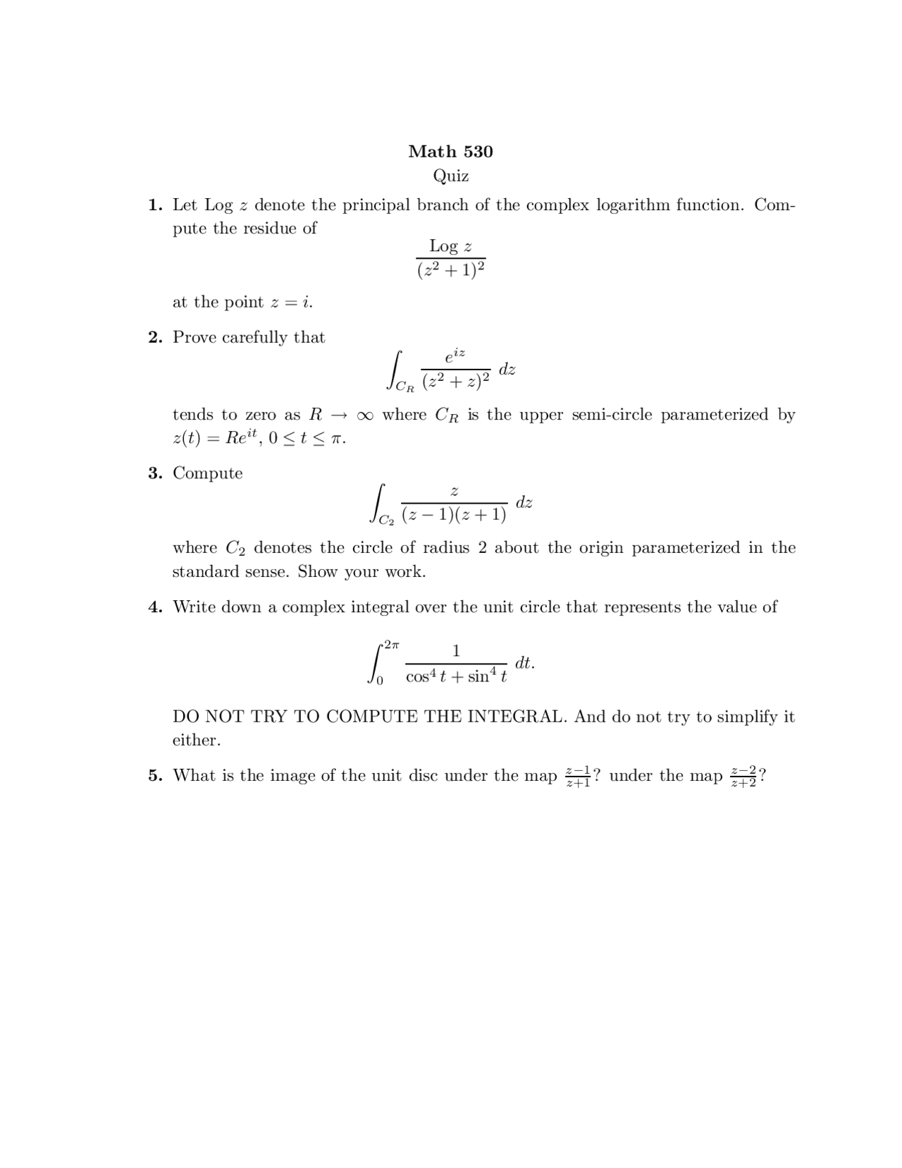 Quiz For Functions Of A Complex Variable I Ma 53000 Docsity