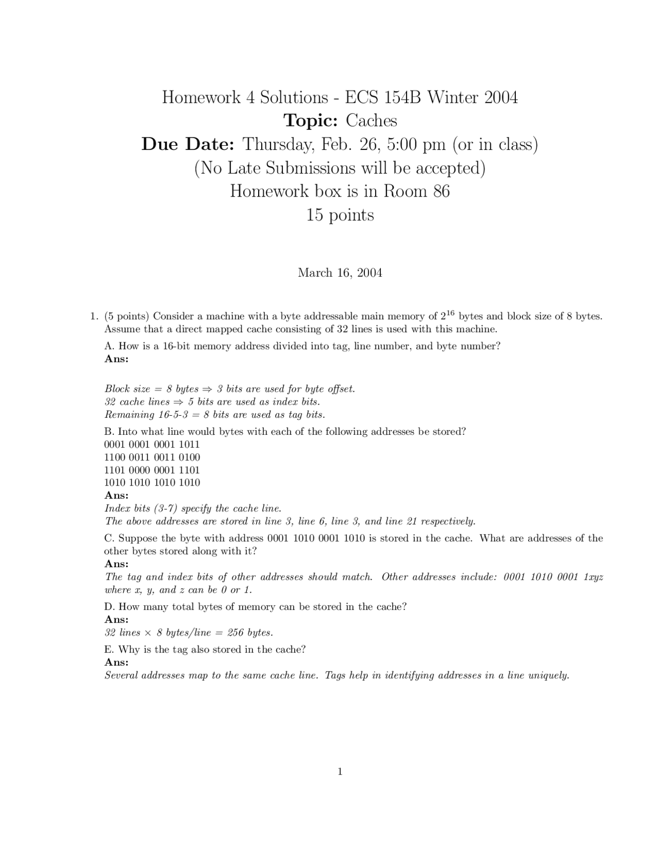 Caches - Homework 4 Solution - Computer Architecture | ECS 154B | Assignments Computer ...