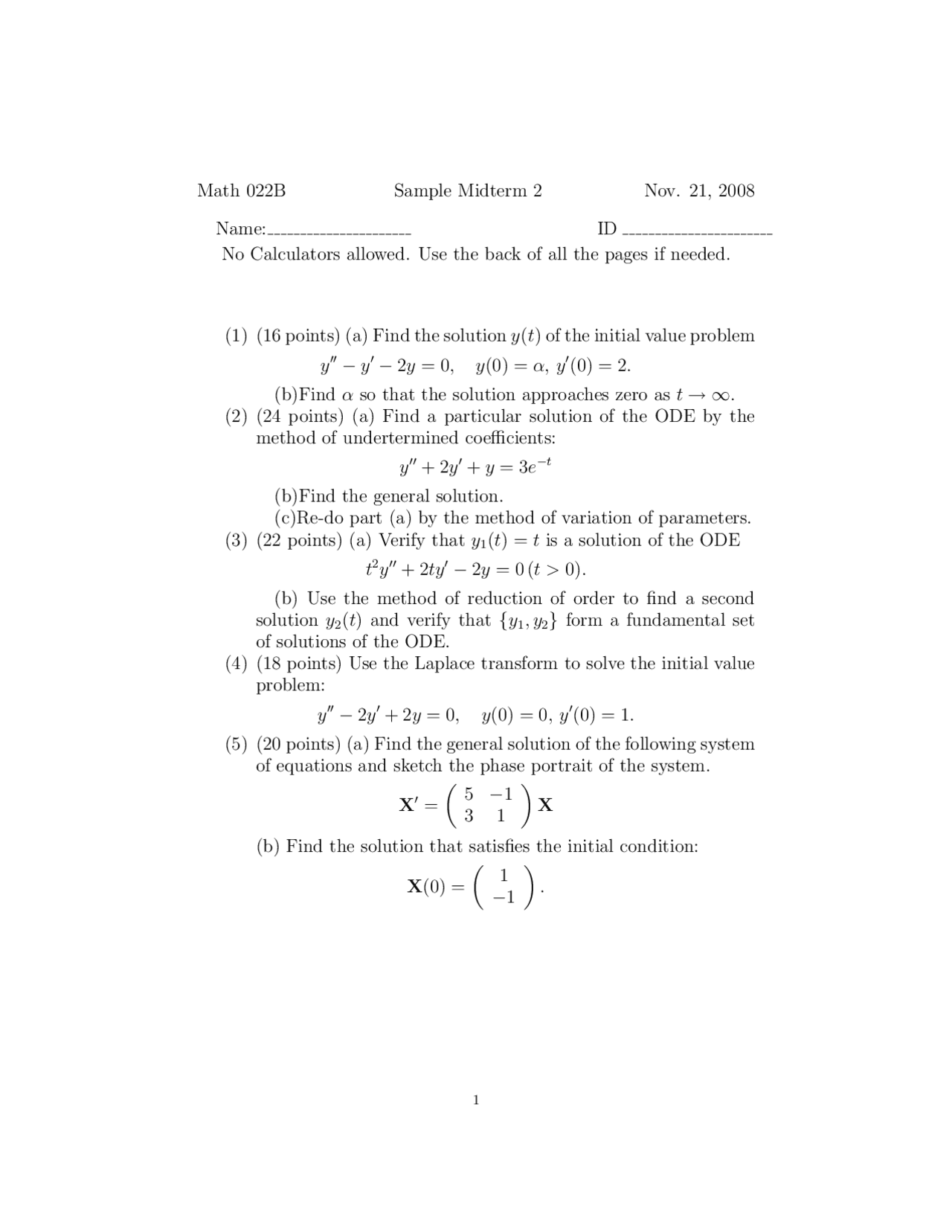 5 Solved Problems on Differential Equations | MAT 022B - Docsity