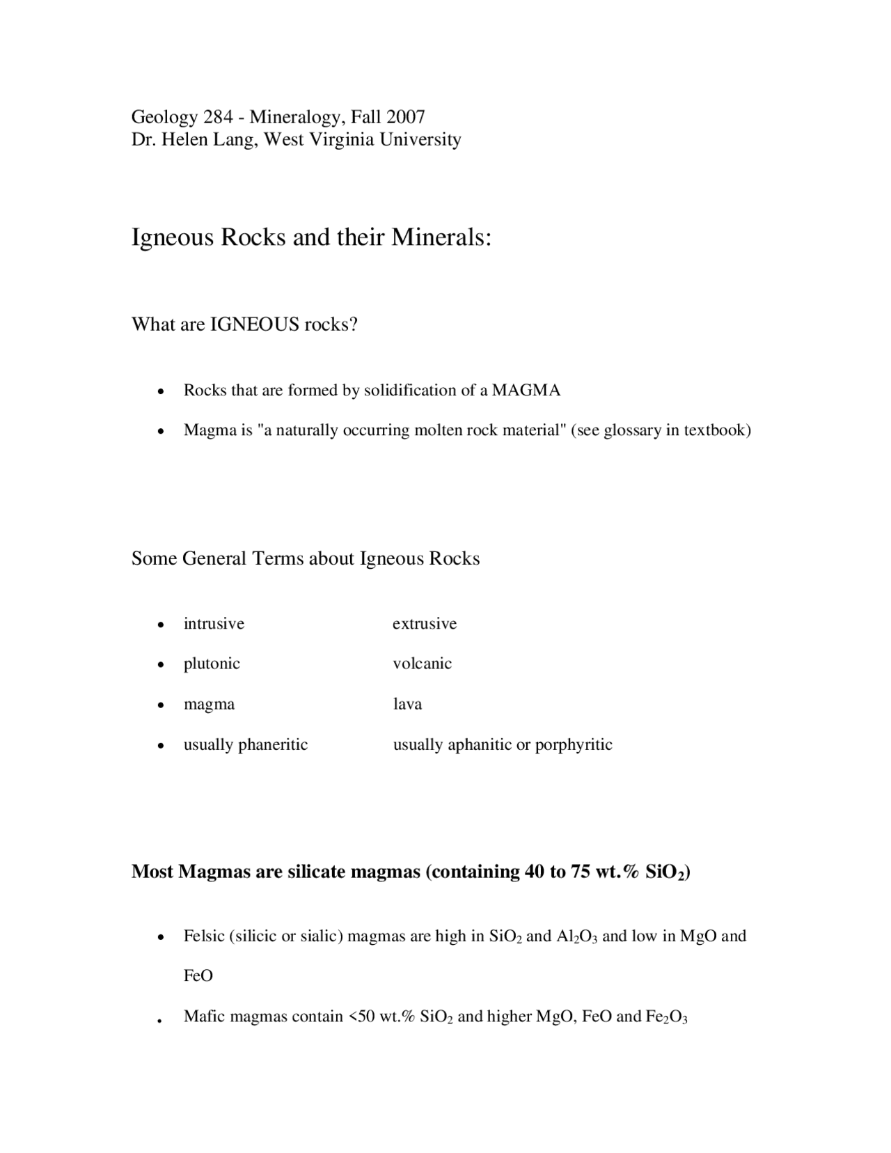 Igneous Rocks And Their Minerals Lecture Handout Geol 284 Docsity