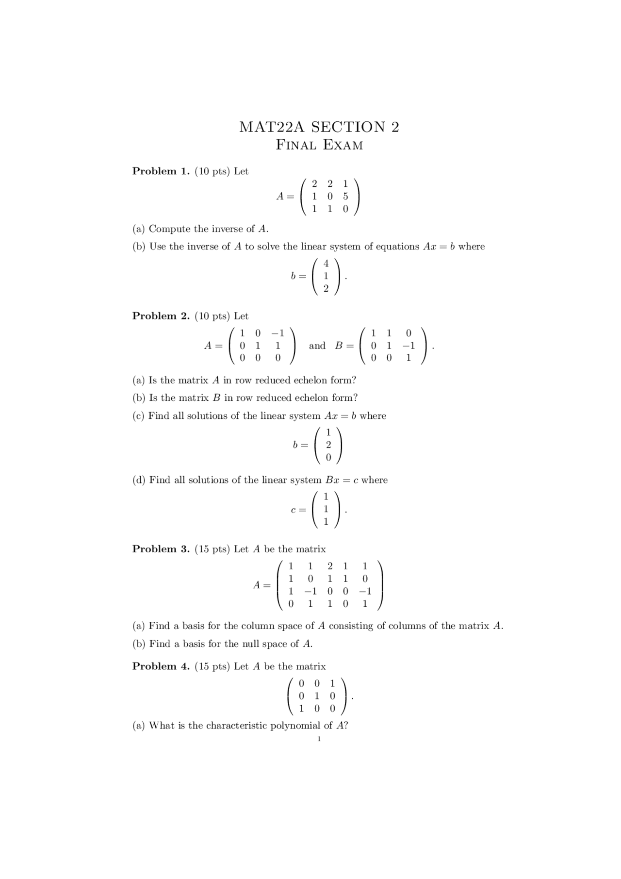 8 Problems In Final Exam Linear Algebra Mat 022a Docsity
