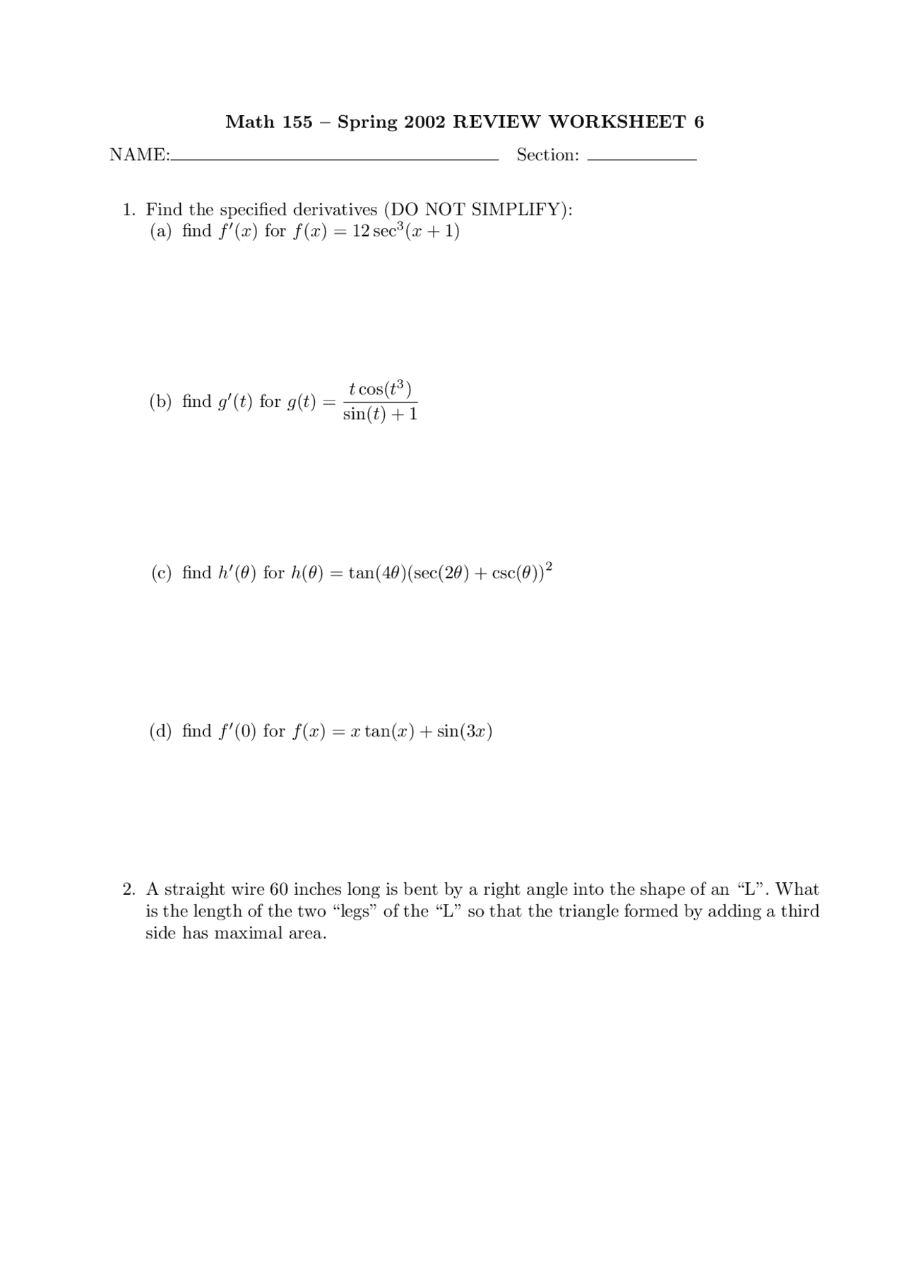 Review Worksheet 6 Calculus 1 Math 155 Docsity